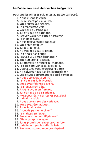 Passé Composé French Irregular Verbs Worksheet 12 | Teaching Resources