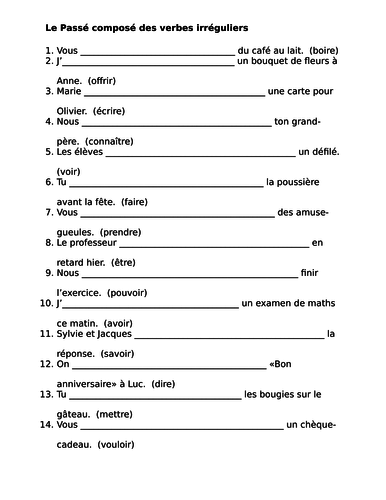 Passé composé French irregular verbs worksheet 13 | Teaching Resources