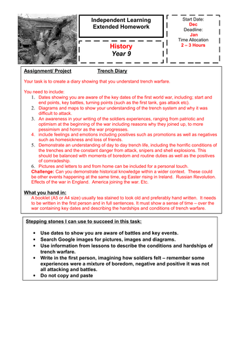 KS3 History. Differentiated extended homework - Conditions in Trenches ...