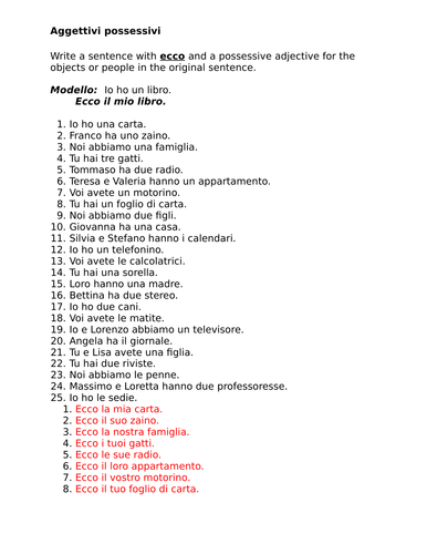 Aggettivi possessivi (Italian Possessive Adjectives) Worksheet 3 ...