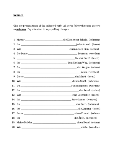Nehmen German Verb Worksheet 1 | Teaching Resources