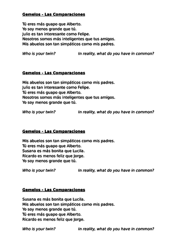 Comparativo (Comparative in Spanish) Gemelos Twins Speaking activity ...