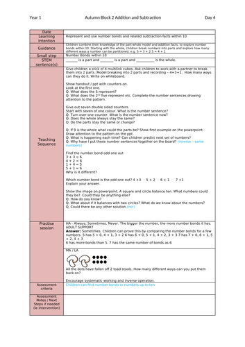 Year 1 Autumn Term Mastery Maths Planning Addition Block 2 Week 1 ...