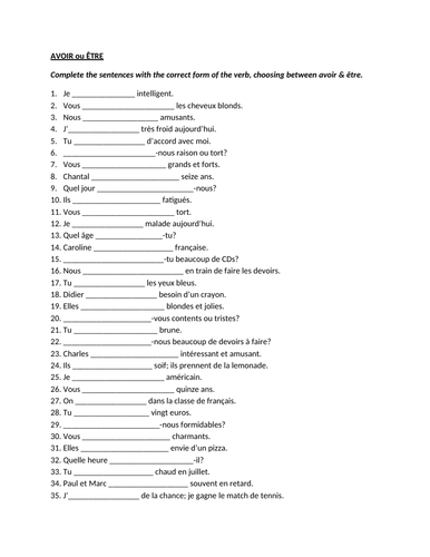 AVOIR ou ÊTRE French Verbs Worksheet 1 | Teaching Resources
