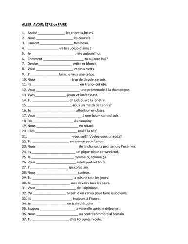 Aller Avoir Être Faire French Verbs Worksheet 3 | Teaching Resources