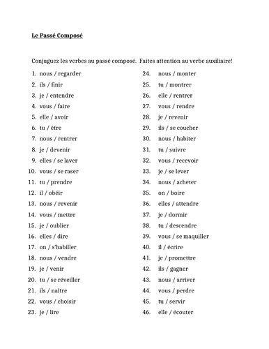 Passé Composé ALL verbs French Worksheet 1 | Teaching Resources