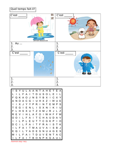 Temps (Weather in French) Worksheet 2 | Teaching Resources