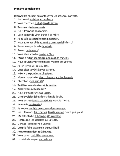 Pronoms compléments French Object Pronouns Worksheet 3 | Teaching Resources