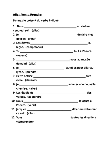 Aller Prendre Venir French Verbs Worksheet | Teaching Resources