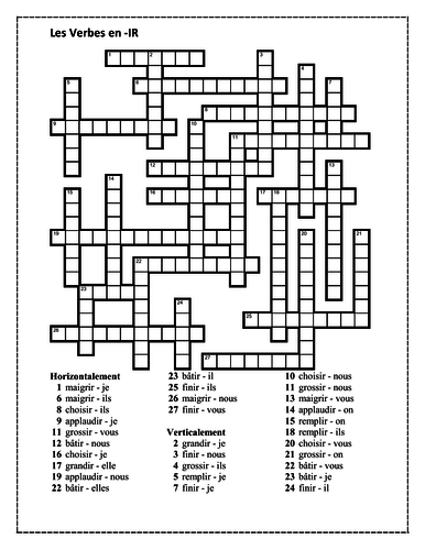 IR Verbs in French Verbes IR Present Tense Crossword | Teaching Resources