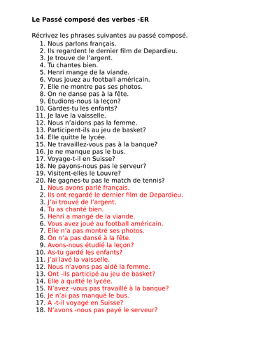 Passé Composé ER French verbs Worksheet 4 | Teaching Resources