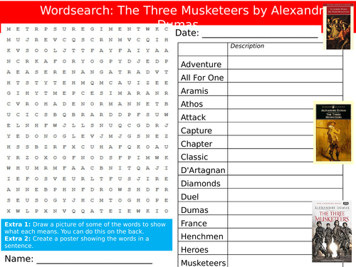 The Three Musketeers Wordsearch Novel English Starter Settler Activity ...