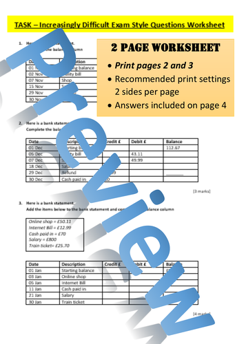 Bank Statements Foundation Maths Addition Subtraction - WORKSHEET ...