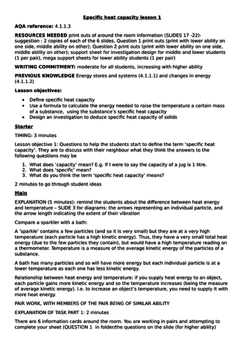 GCSE Physics (AQA focus): Specific heat capacity - 2 lessons | Teaching ...