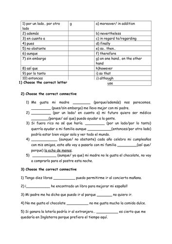 Spanish CONNECTIVES - Worksheet | Teaching Resources
