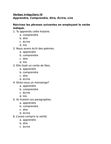 Verbes irréguliers 4 French Verbs Apprendre, Comprendre, Dire, Écrire ...