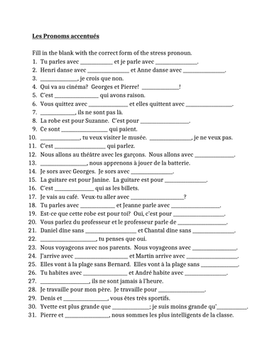 Pronoms accentués (Stress Pronouns in French) Worksheet 5 | Teaching ...