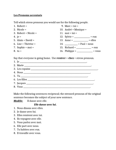 Pronoms accentués (Stress Pronouns in French) Worksheet 2 | Teaching ...