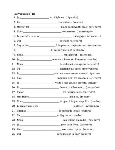 RE Verbs in French Verbes RE Present tense Worksheet 5 | Teaching Resources