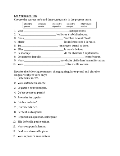 RE Verbs in French Verbes RE Present tense Worksheet 6 | Teaching Resources