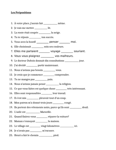 Prépositions (Prepositions in French) Worksheet 6 | Teaching Resources