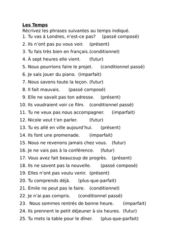 Temps des verbes (Verb Tenses in French) Worksheet 2 | Teaching Resources