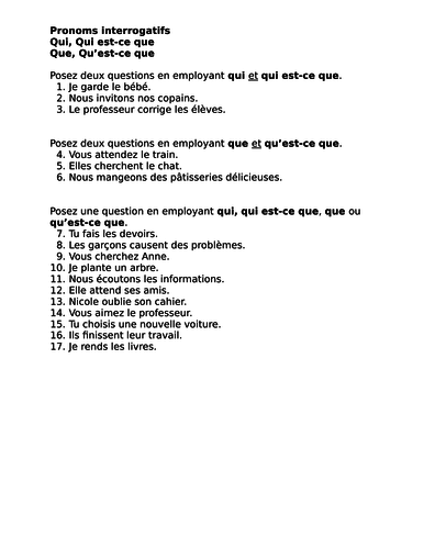 Pronoms interrogatifs (Interrogative pronouns in French) worksheet 1 ...