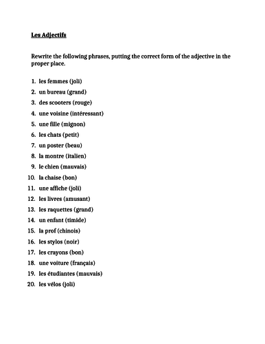Adjectifs (French Adjectives) Mixed Position Worksheet 2 | Teaching ...