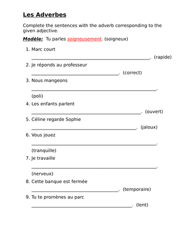 Adverbes (French Adverbs) Worksheet 3 | Teaching Resources