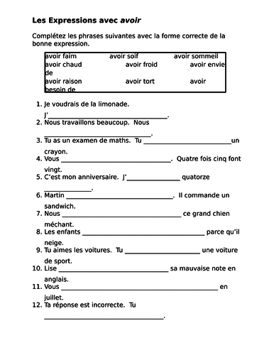 Expressions avec avoir French Verb Worksheet 2 | Teaching Resources