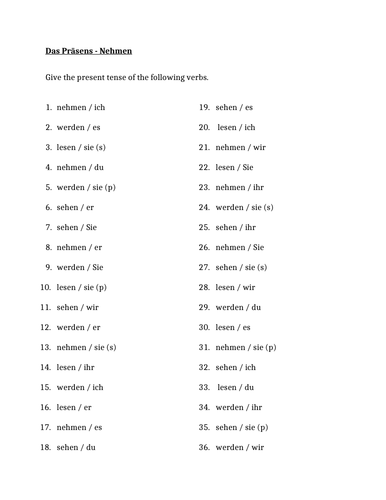 Nehmen German Verb Worksheet 2 | Teaching Resources