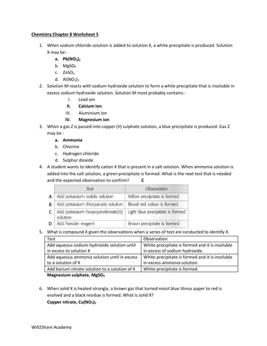 Identification of Anions and Cations in Salts Worksheets & Answers ...