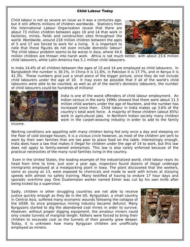 Child Labour Today - Reading Comprehension Worksheet / Text | Teaching ...