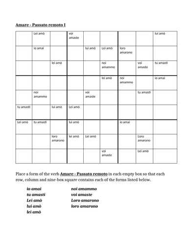 Passare Italian Verb Passato remoto Sudoku | Teaching Resources