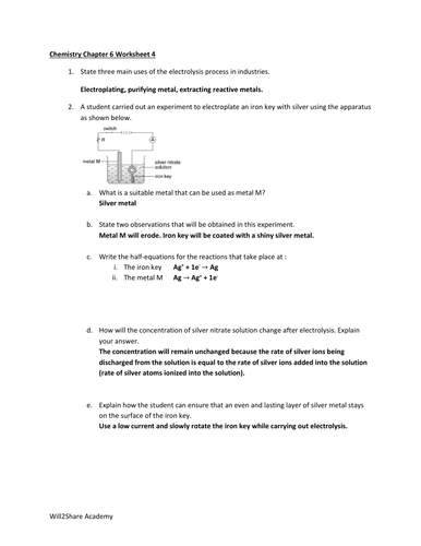 Electrolysis and Electroplating (4 Worksheets with Answer Sheets ...