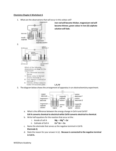 Voltaic Cell, Displacement Reaction and Electrolysis (3 Worksheets and ...