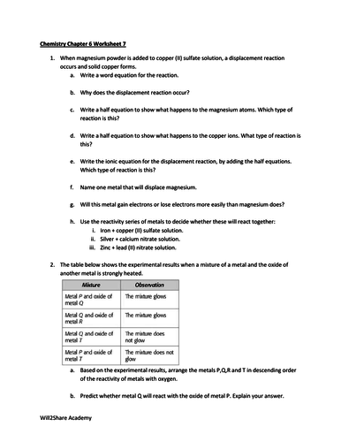 Voltaic Cell, Displacement Reaction and Electrolysis (3 Worksheets and ...