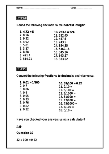 Decimals and Fractions | Teaching Resources