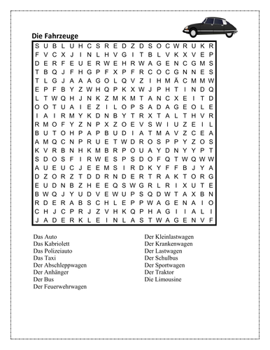 Fahrzeuge (Vehicles in German) Wordsearch | Teaching Resources