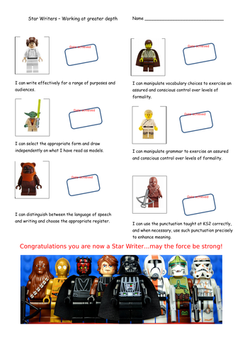 Star Wars themed KS2 Writing Teacher Assessment Record Sheet - Working ...
