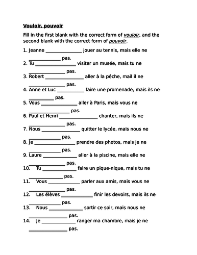 Pouvoir et Vouloir French Verbs Worksheet 1 | Teaching Resources