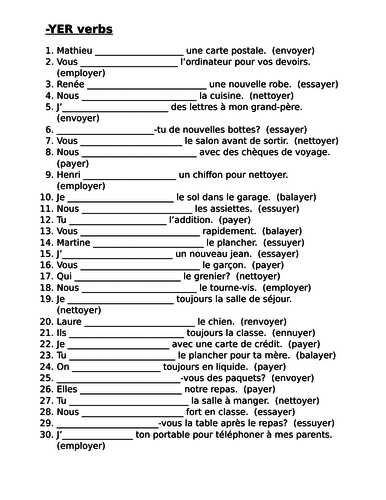 YER Verbs in French Verbes YER Worksheet 1 | Teaching Resources