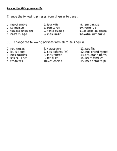 Adjectifs possessifs (French Possessive Adjectives) Worksheet 1 ...