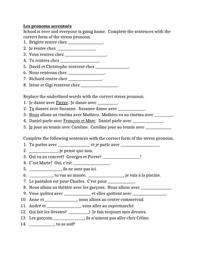 Pronoms accentués (Stress Pronouns in French) Worksheet 6 | Teaching ...