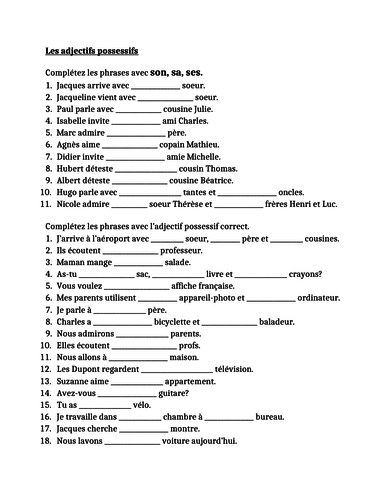 Adjectifs possessifs (French Possessive Adjectives) Worksheet 2 ...