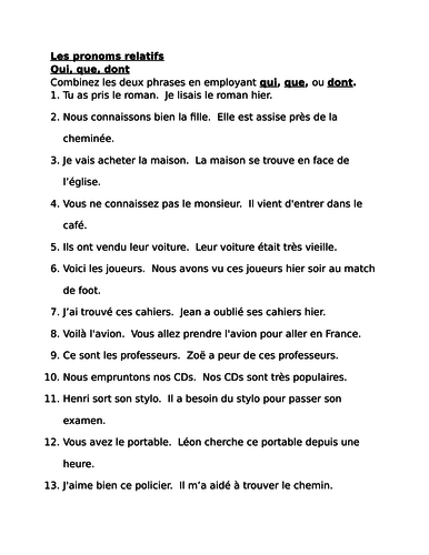 Pronoms relatifs (French Relative pronouns) Qui, Que, Dont worksheet 1 ...