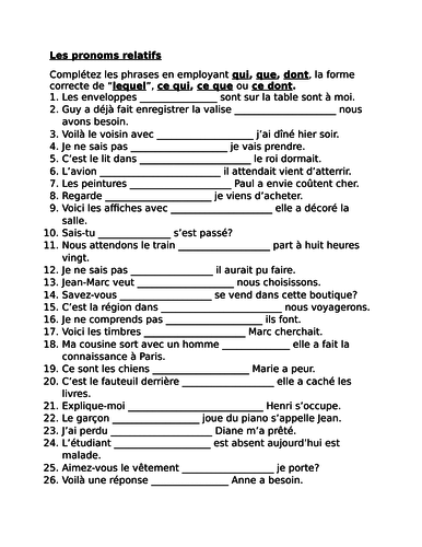 Pronoms relatifs (French Relative pronouns) ALL pronouns worksheet 2 ...
