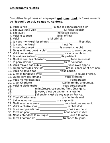 Pronoms relatifs (French Relative pronouns) ALL pronouns worksheet 3 ...