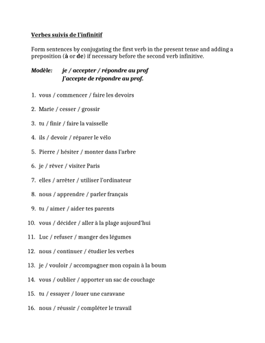 Verb + Infinitive French Verbs Worksheet 3 | Teaching Resources