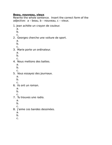 Beau, nouveau, vieux French adjectives worksheet 1 | Teaching Resources